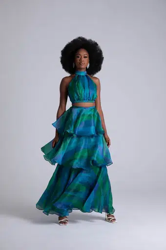 Yaura Fashion Faari Top And Skirt Set Aquarelle Blue Green Print Size