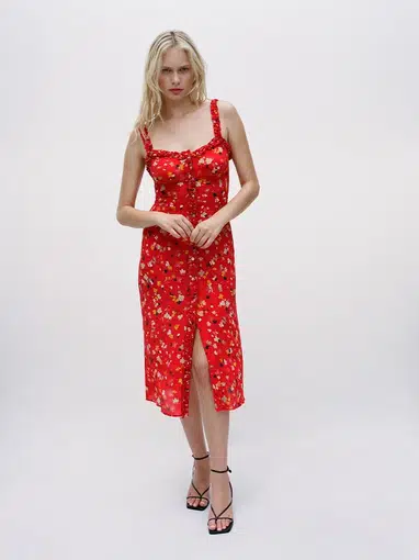 Realisation Par The Juliet Rouge Fleur Midi Dress Red Floral Size S