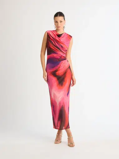 Sheike Tornado Mesh Maxi Dress Red and Pink Watercolour Print 12