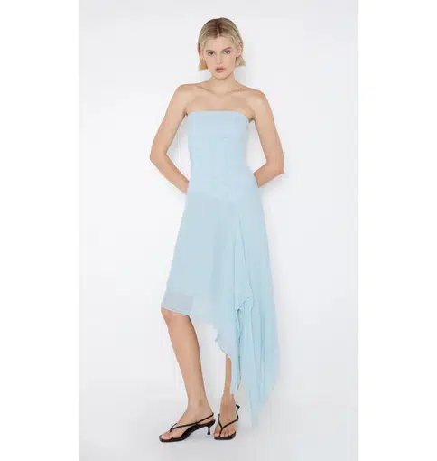 Bec & Bridge Elzette Strapless Midi Dress in Dolphin Blue Size AU 8