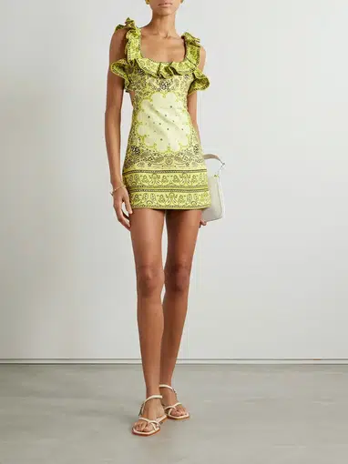 Zimmermann Matchmaker Cutout Ruffle Mini Dress Paisley Pattern Yellow