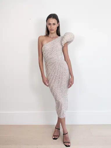 Rachel Gilbert Phoebe One Shoulder Midi Dress Nude Size 8 | The Volte