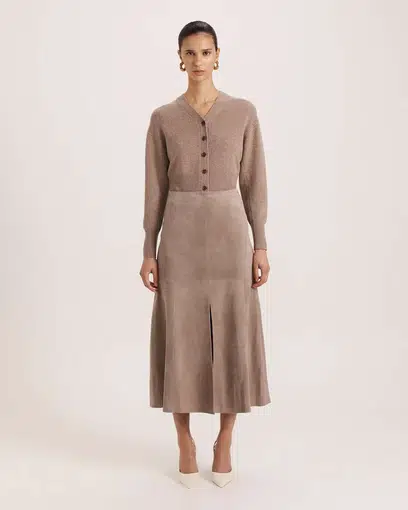Saba Nadia Suede Leather Midi Skirt Mink Size AU 6 | The Volte