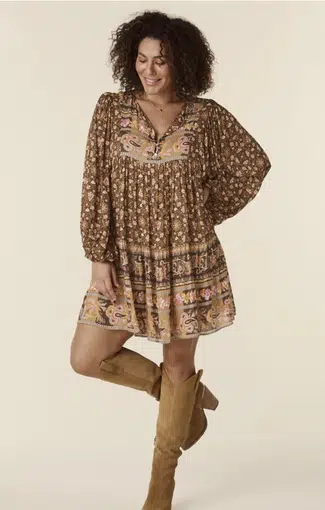 Spell Madame Peacock Boho Mini Dress Coffee Size 8 | The Volte
