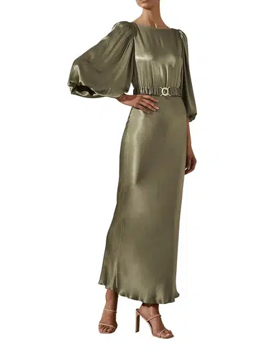 Shona Joy La Lune Balloon Sleeve Midi Dress With Belt in Moss Size 6