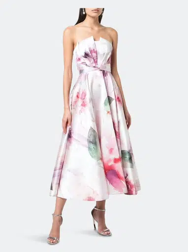 Marchesa Notte Strapless Draped Printed Mikado Pique Tea Length Dress