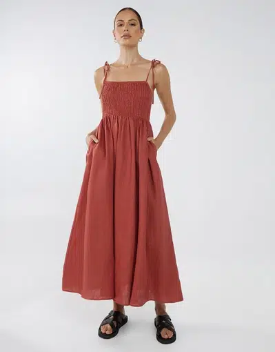 Aere Tie Strap Linen Maxi Dress Red Size AU 10 | The Volte