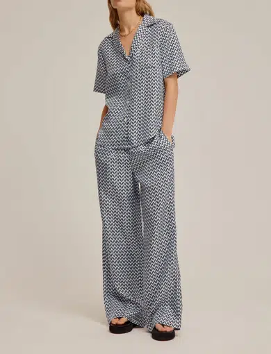 Venroy Short Sleeve Silk Camp Collar Shirt and Silk Wide Leg Pants Set