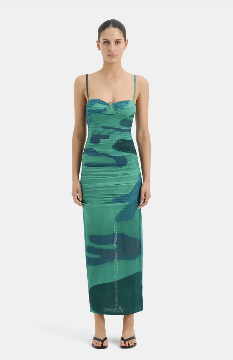 Sir the Label Frankie Gathered Midi Dress Green Multi Size 10