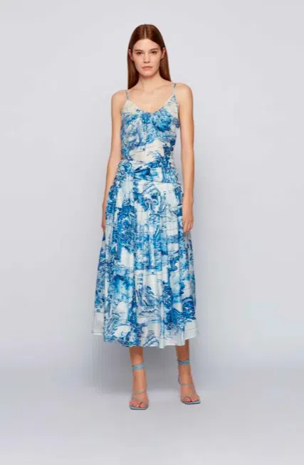HUGO BOSS Vivilera Chinese Garden Midi Skirt blue and white pattern si
