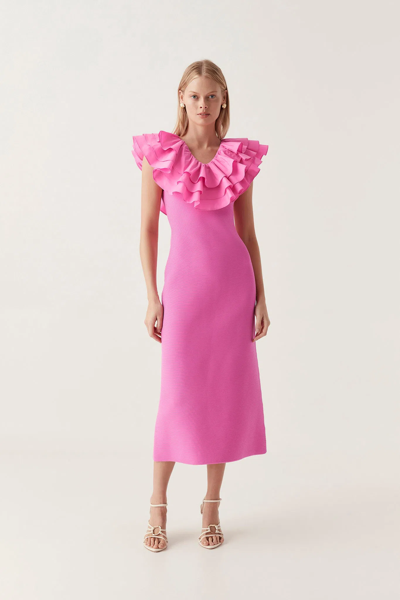 Aje Transcendent Ruffle Midi Dress Cerise Pink Size S / AU 8