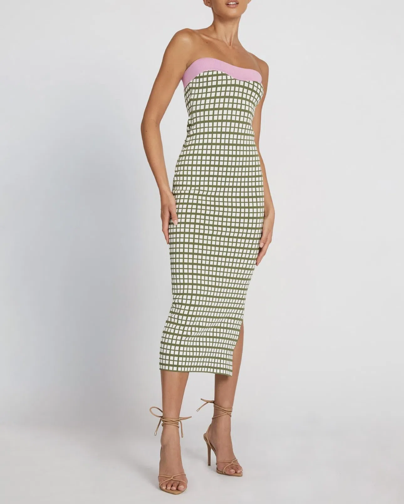 By Johnny Isabella Check Strapless Knit Midi Dress Army Pink Size 14