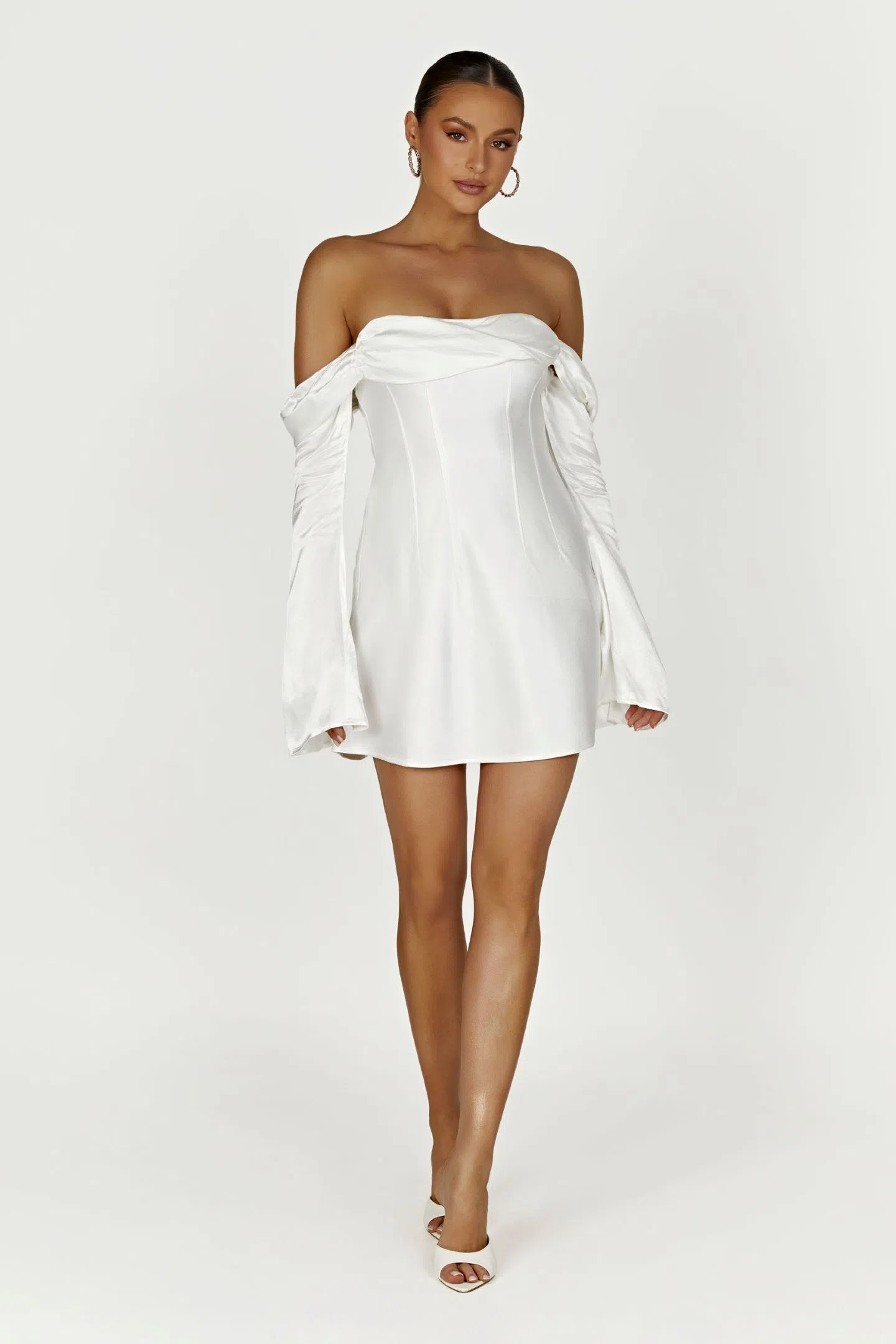 Meshki Giselle Off Shoulder Satin Mini Dress White Size S/AU 8