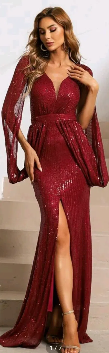 Red sequence evening gown with Cape style sleeves size 8 | The Volte
