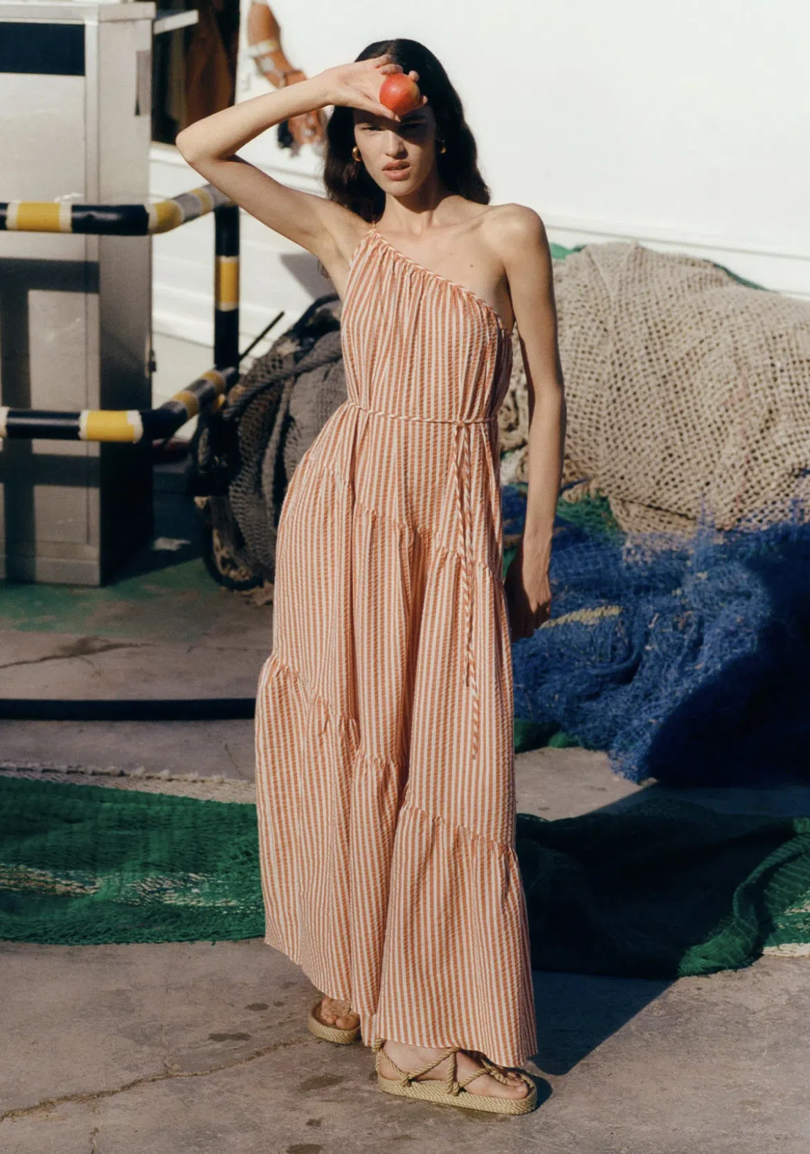 Shona Joy Hele One Shoulder Tiered Maxi Dress Coconut/Tangerine Size A