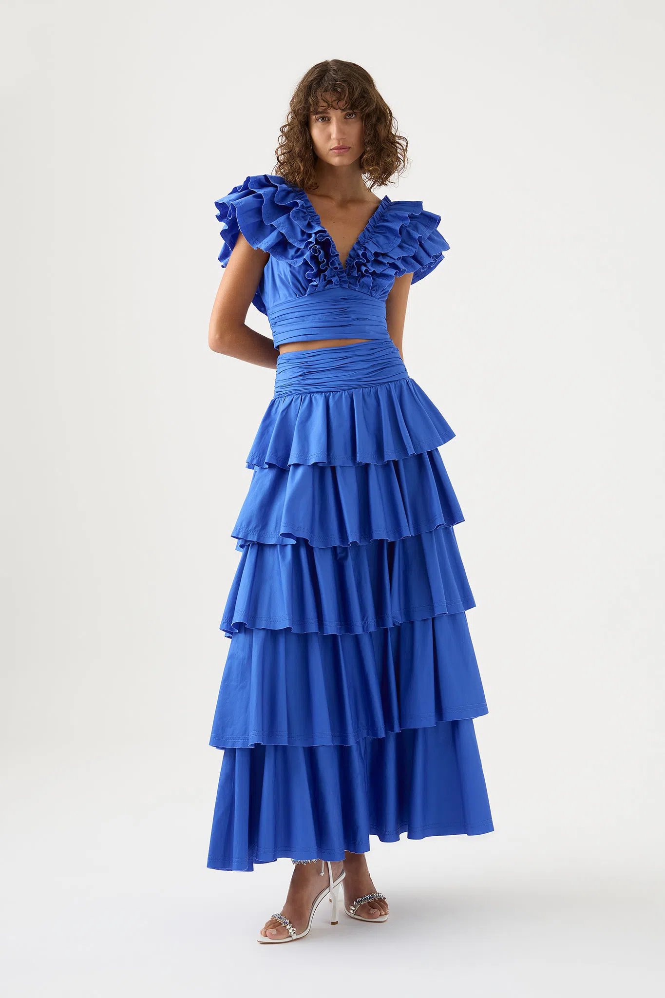 Aje Rhythmic Frill Bodice and Eleni Tiered Maxi Skirt Marine Blue Size