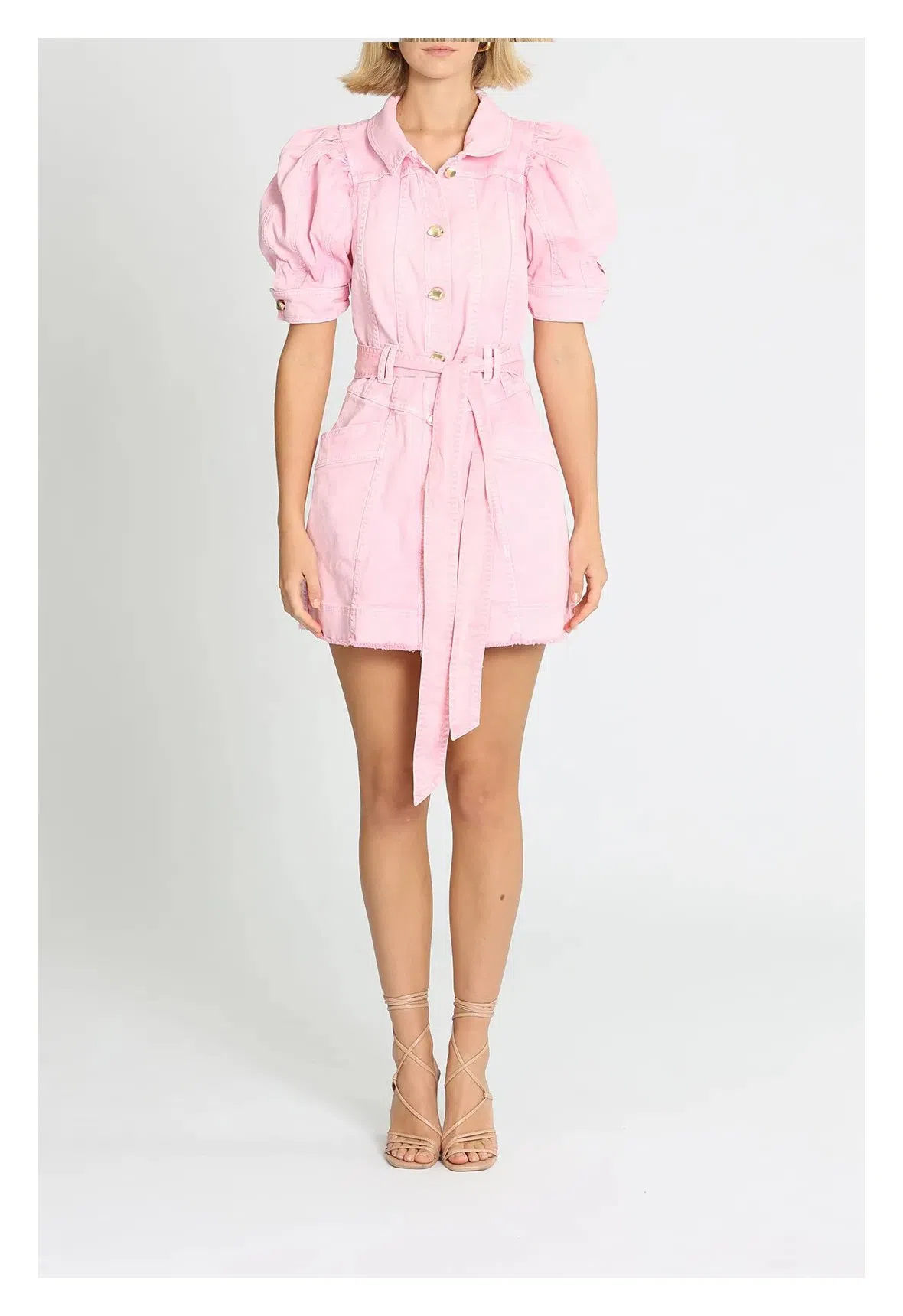 Aje Flora Denim Puff Sleeve Mini Dress Pink Size 8 | The Volte