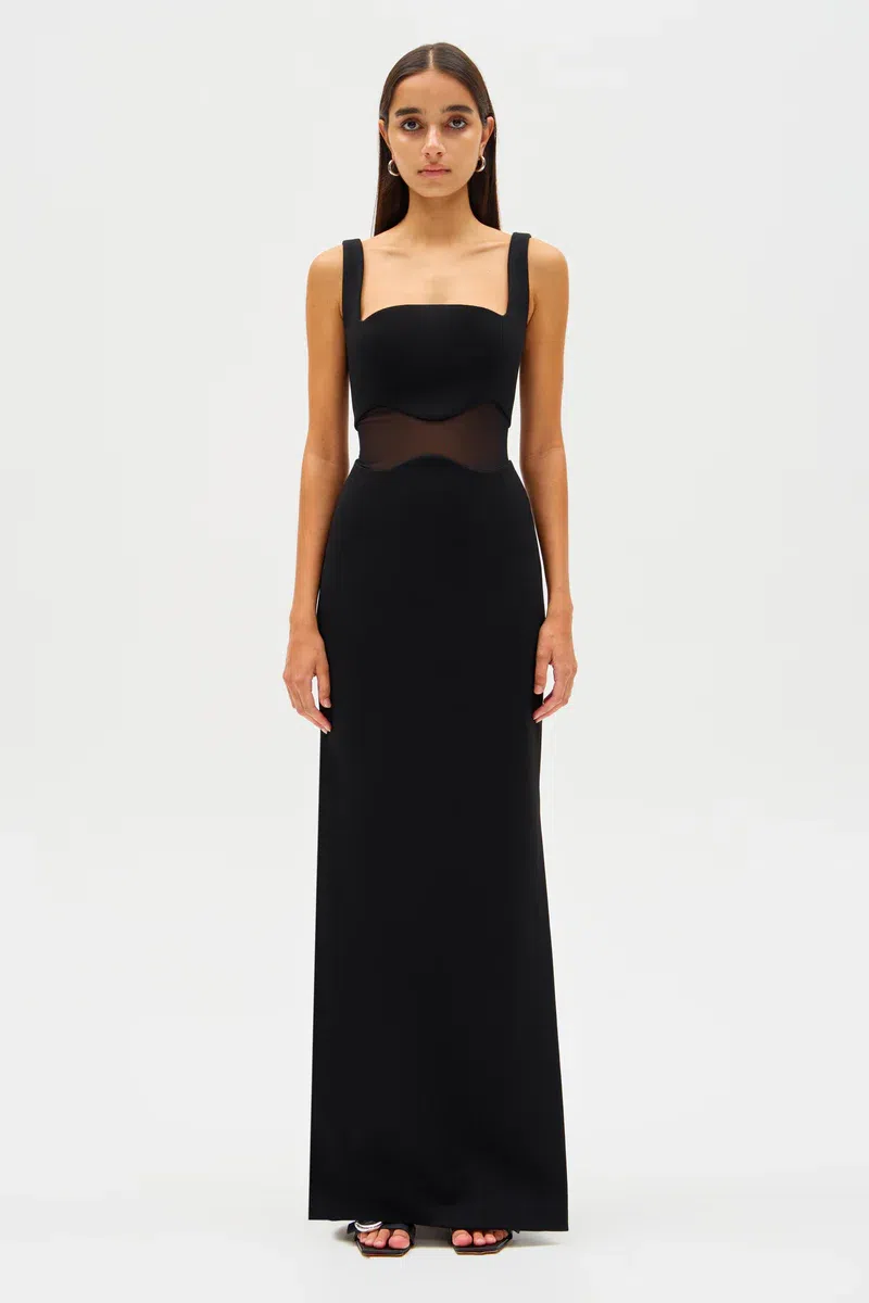 MISHA BLACK DAMITA CREPE & MESH MAXI DRESS SIZE 12 | The Volte