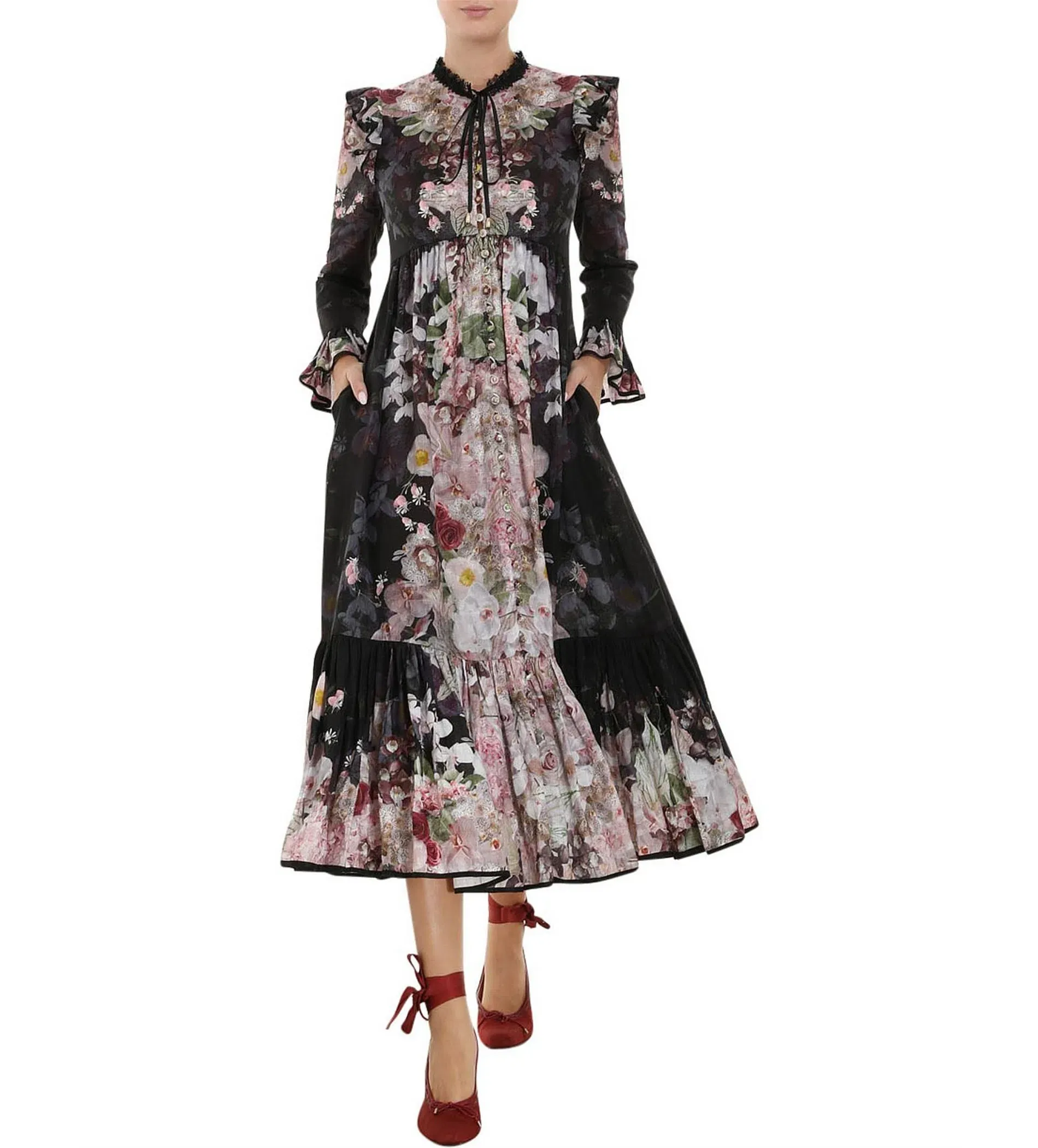 Zimmermann Dancer Tie Neck Midi Dress Black Garden Floral Size 1 AU 10 ...
