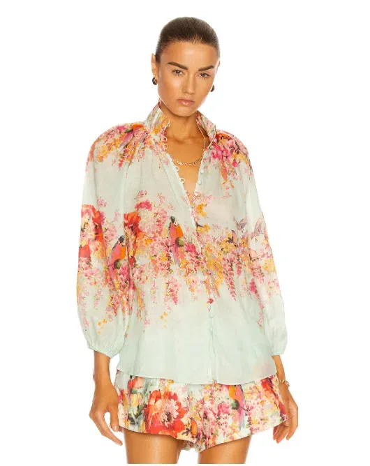 Zimmermann Mae Gathered Blouse and Tuck Shorts Set Floral Size 2 / Au ...