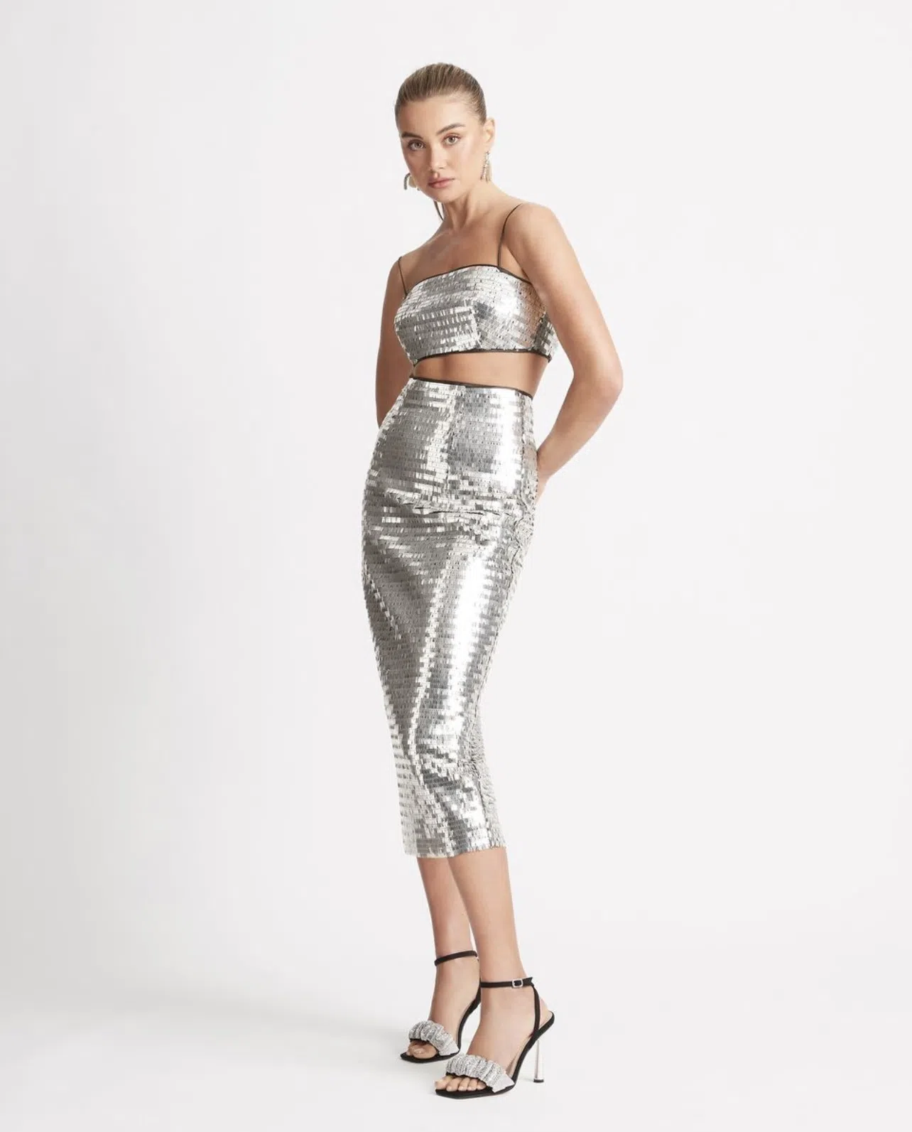 Sheike Walk of Fame Skirt & Top Set in Silver Sequin Size 8