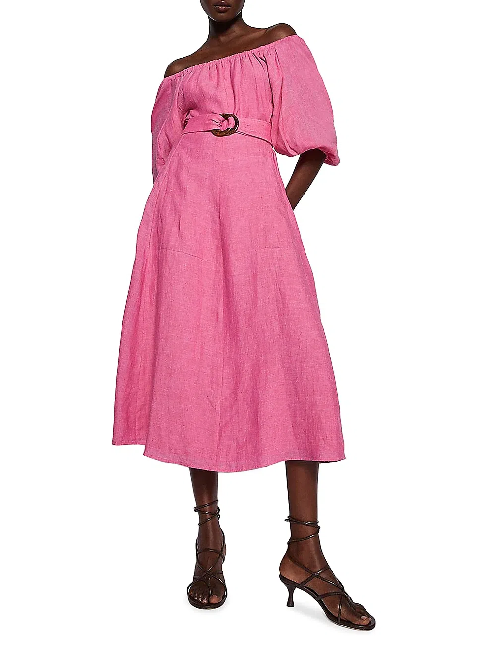 Scanlan Theodore Italian Linen Gathered Midi Dress Pink Size 10