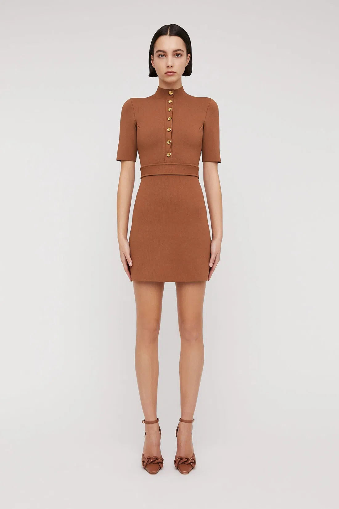 Scanlan Theodore Crepe Knit Mini Button Dress Hazel Brown Size 6