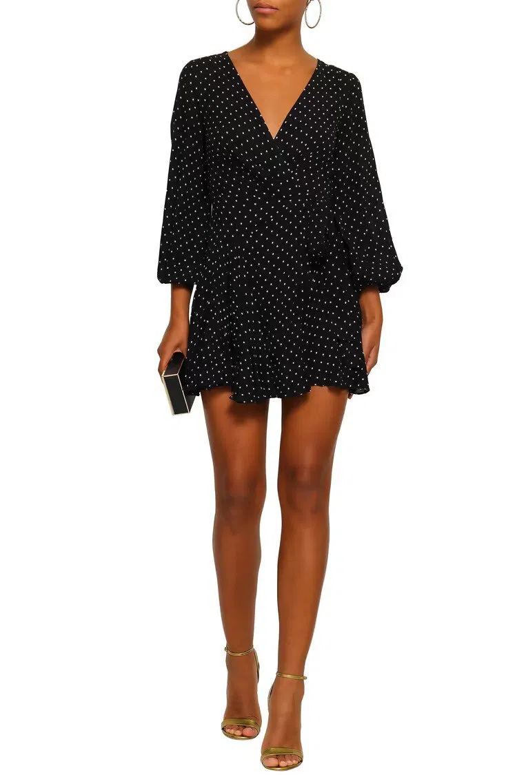 Zimmermann Stranded Polka-dot Crepe Mini Wrap Dress Black Size 0/Au 8