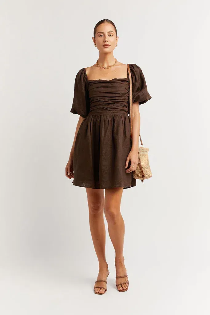 Dissh Sara Linen Mini Dress Dark Chocolate Size 16 | The Volte