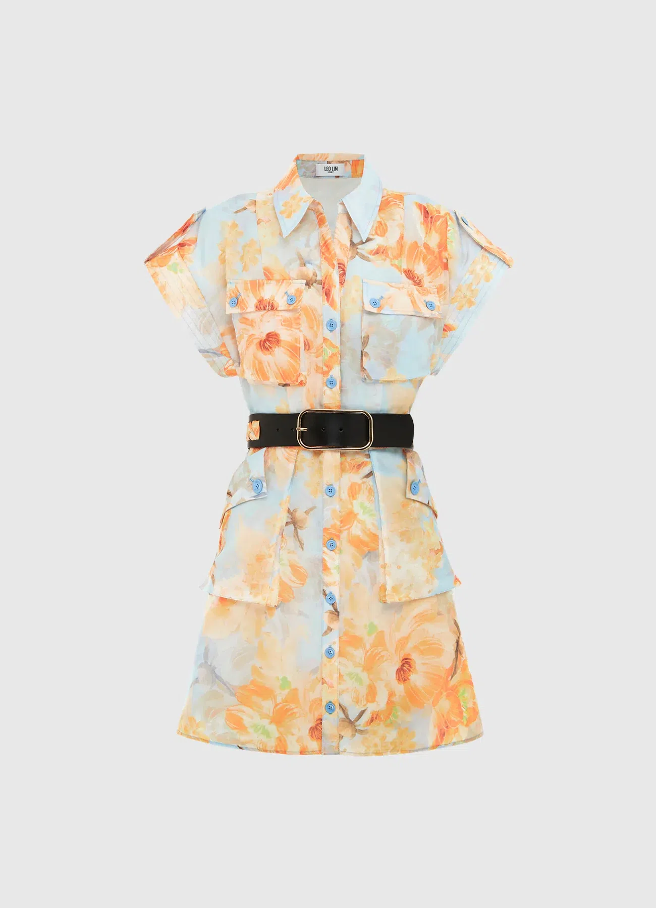 Leo Lin Frankie Pocket Shirt Mini Dress Camellia Print in Apricot Size