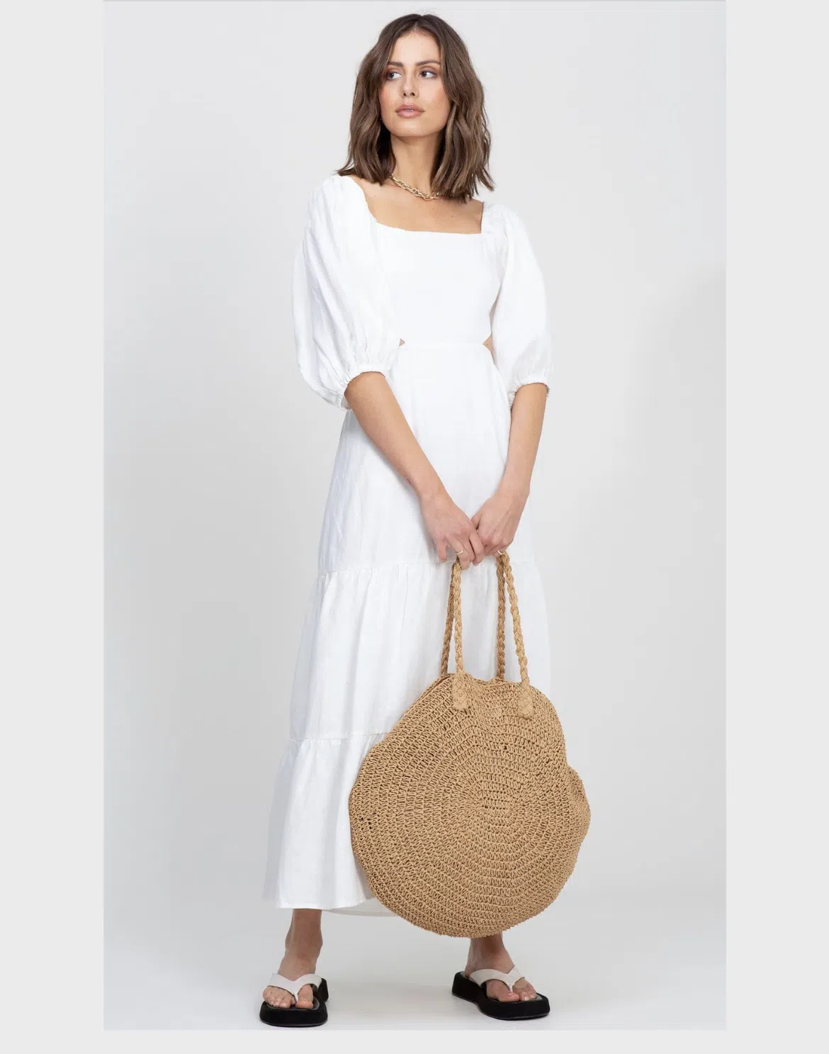 Aere Cross Back Tiered Linen Midi Dress White Size 8 | The Volte