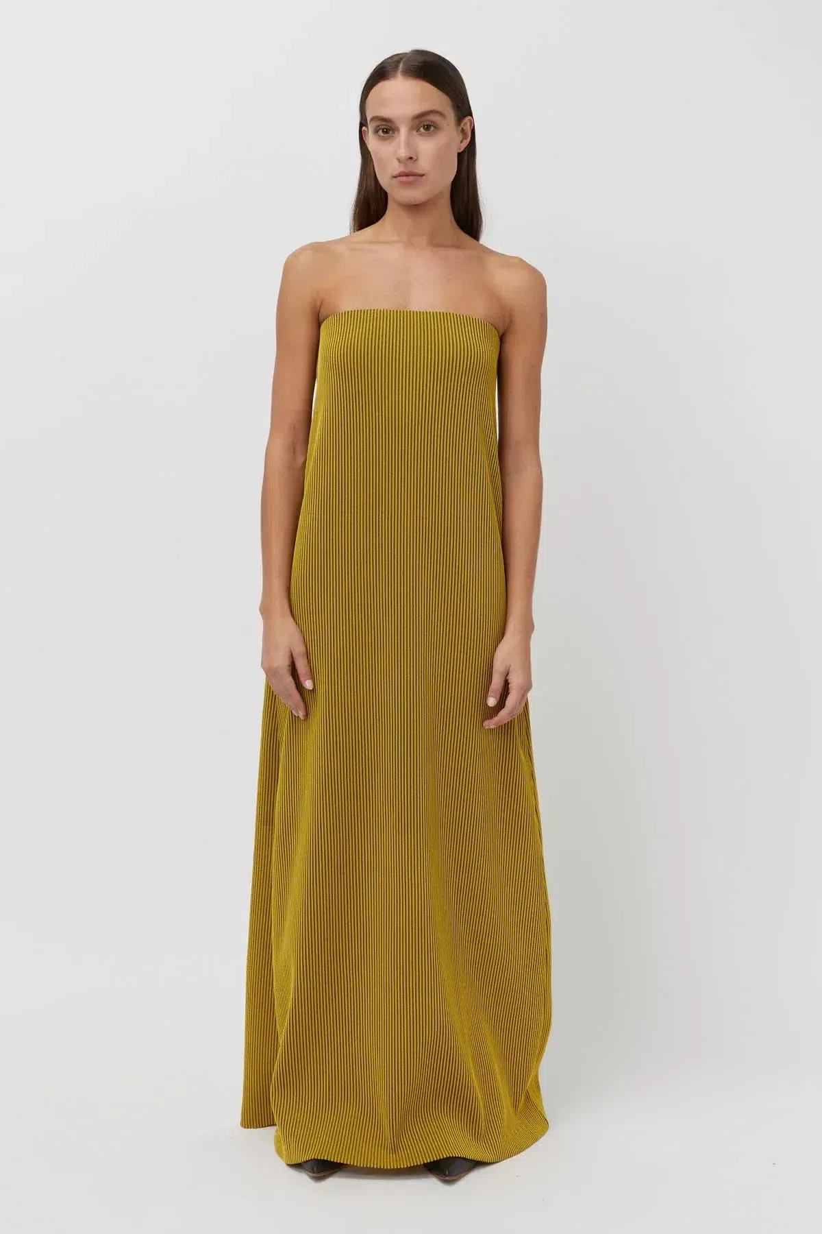 Camilla and Marc Izaro Strapless Maxi Column Dress in Brown/Gold Strip