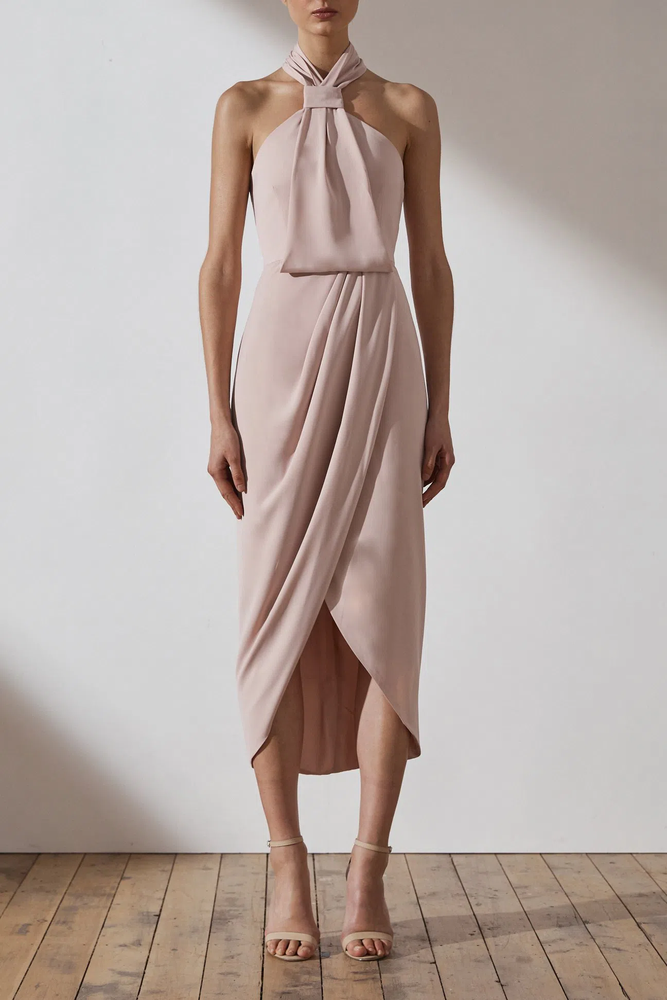 Shona Joy Amanda Core Knot Draped Midi Dress Nude Size 10 | The Volte