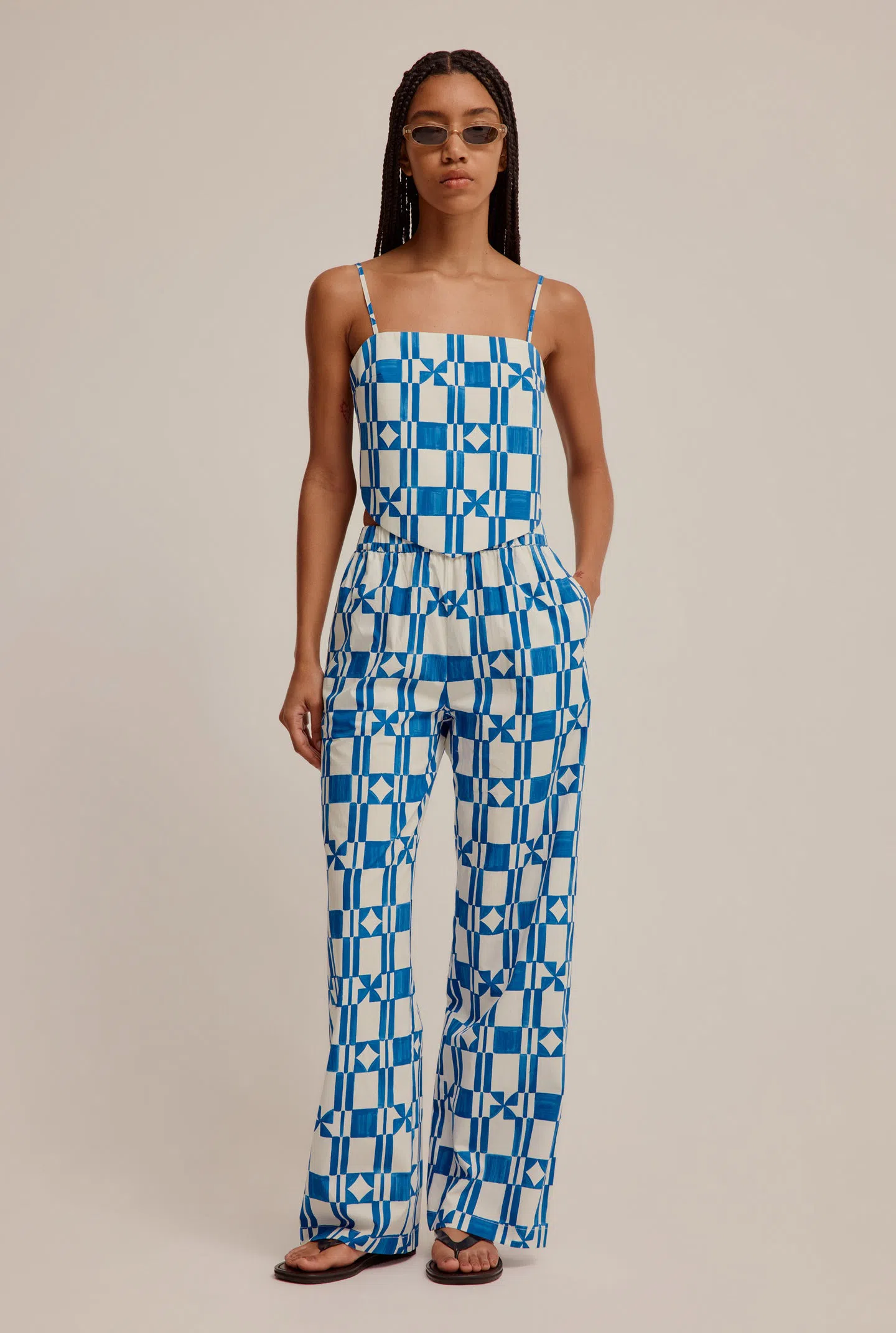 Venroy Printed Poplin Top and Pant Set in Blue/Off White Geometric Si