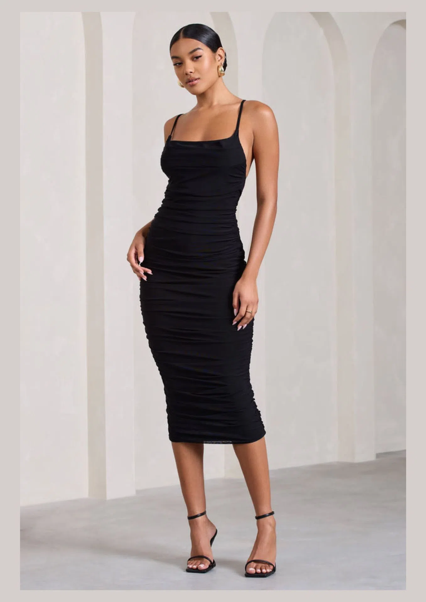 Club L London Bree Ruched Mesh Strappy Bodycon Midi Dress Black Size 10 ...